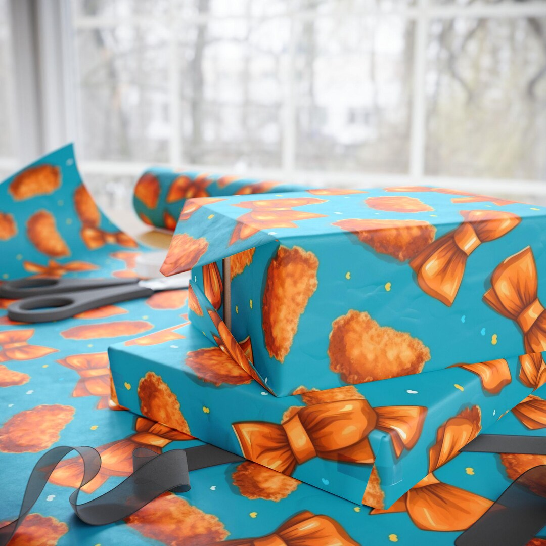 Chicken Nuggets and Bows on a Blue Background Wrap Paper, Coquette ...