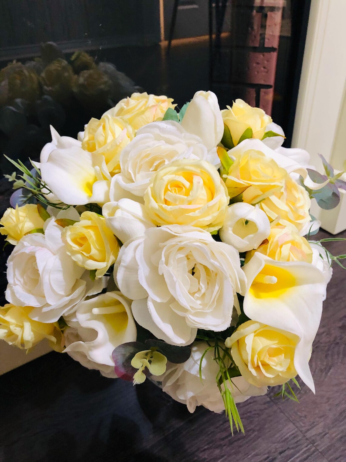 Bridal Bouquet Yellow Silk Roses Calla Lillies Tulips Wedding Bouquet ...
