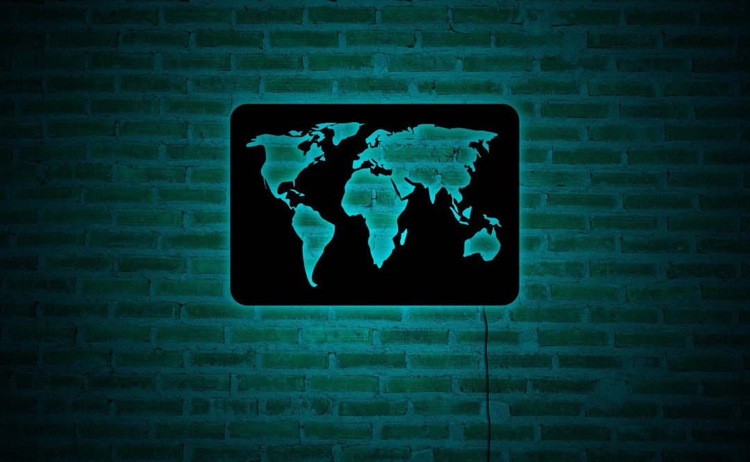 World Map Wall Art With LED Light, World Map Decor Wall Sign, World Map ...