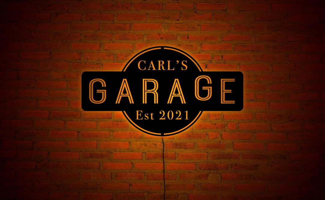 Custom Garage Wall Art With LED Lights, Personalized Garage Decor Name ...
