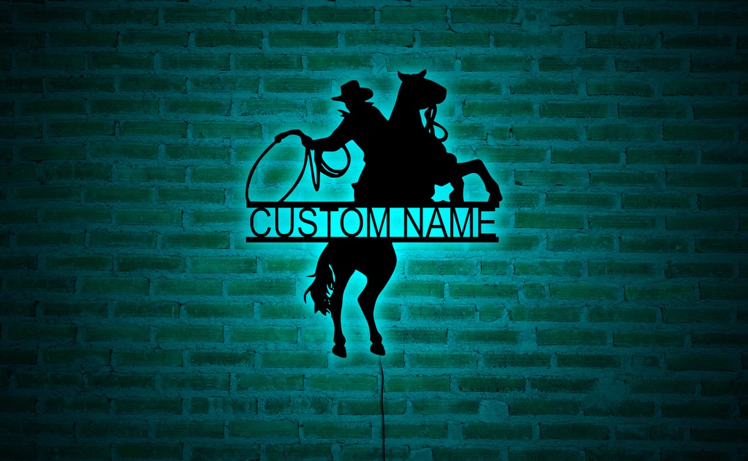 Custom Cowboy With Horse Wall Sign With LED Lights, Cowboy Decor RGB ...