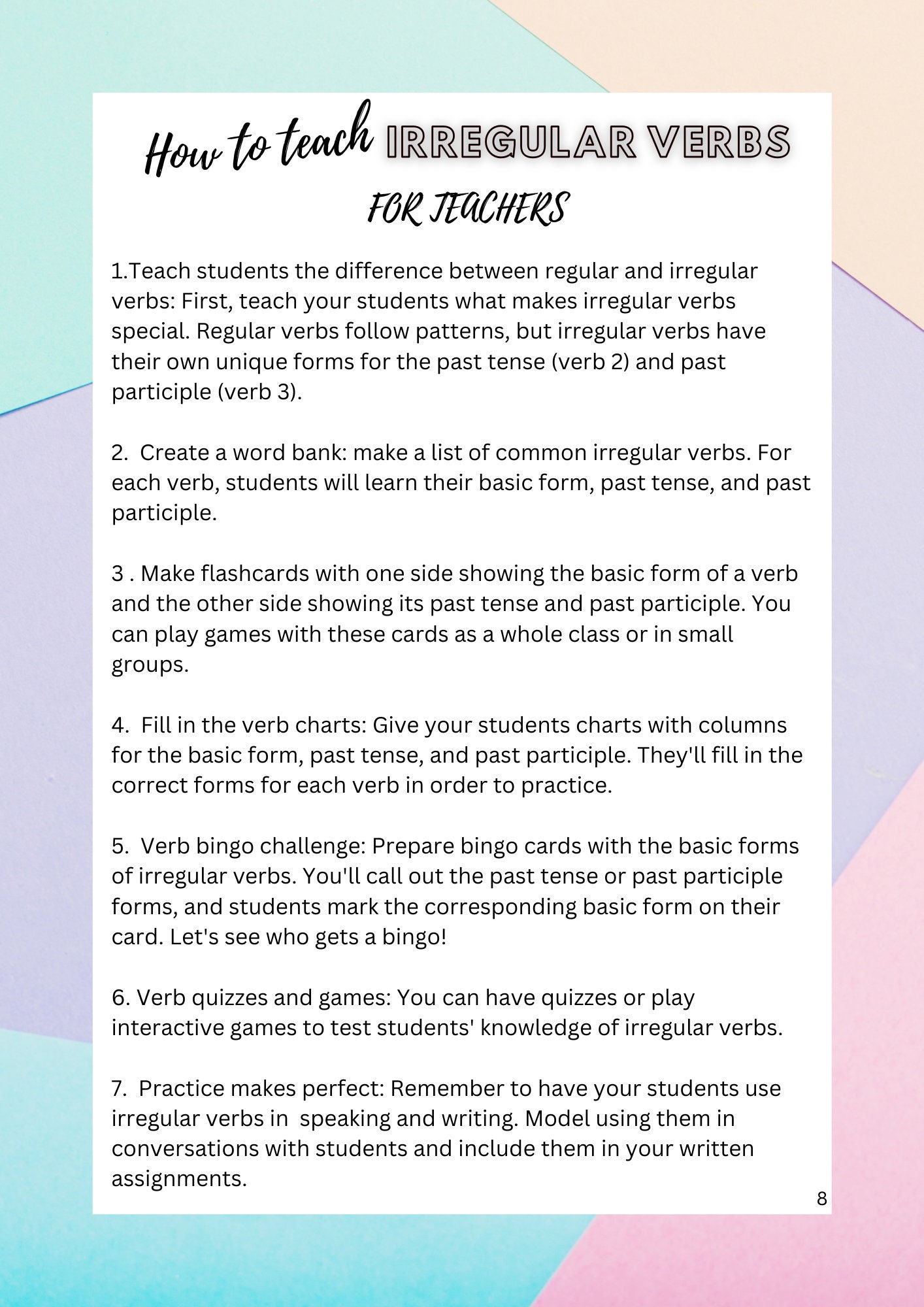 Irregular Verbs Worksheet Mastery List English Teacher Printable ...