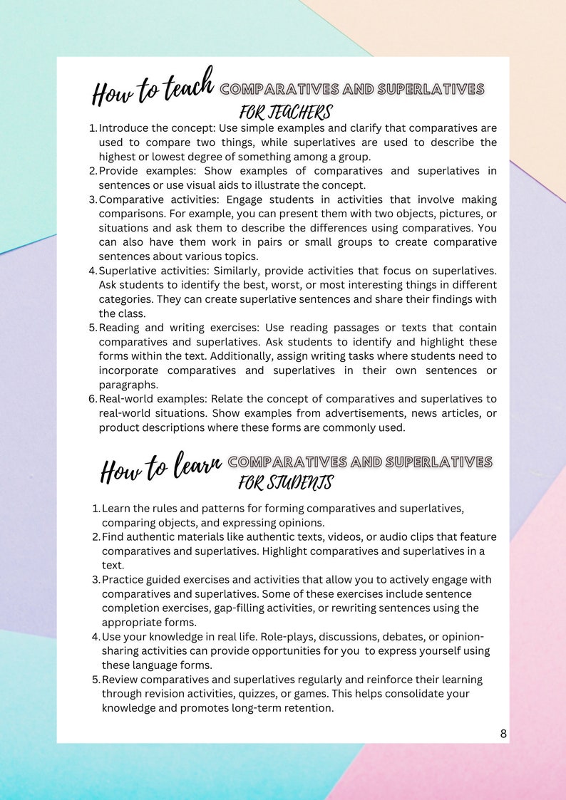 Comparative and Superlative Adjectives English Grammar English Printable - Etsy