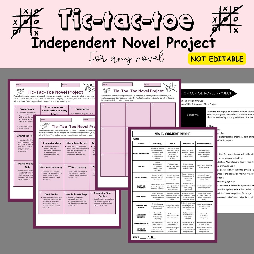 Novel Project for Any Book Study Independent Unit Project Tic-tac-toe ...