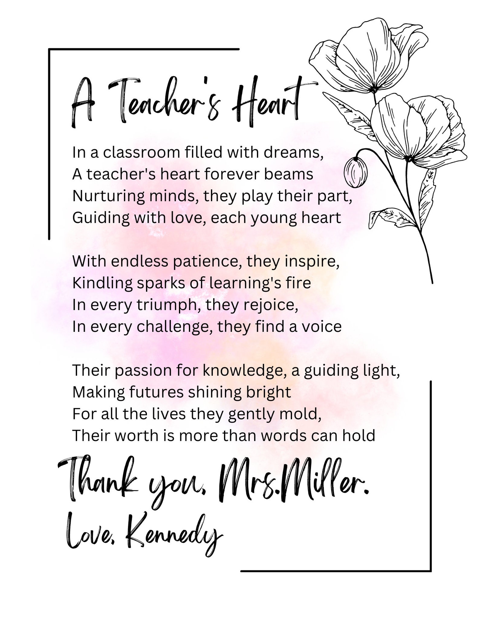Teacher Letter Template Thank You Poem Editable - Etsy