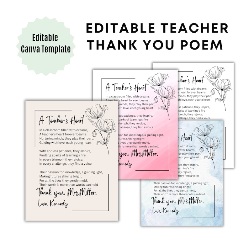 Teacher Letter Template Thank You Poem Editable - Etsy