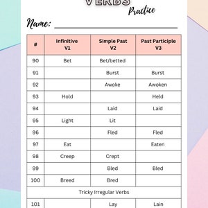 Irregular Verbs Worksheet Mastery List English Teacher Printable ...