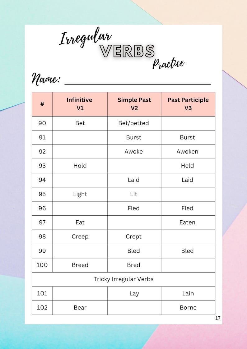 Irregular Verbs Worksheet Mastery List English Teacher Printable ...