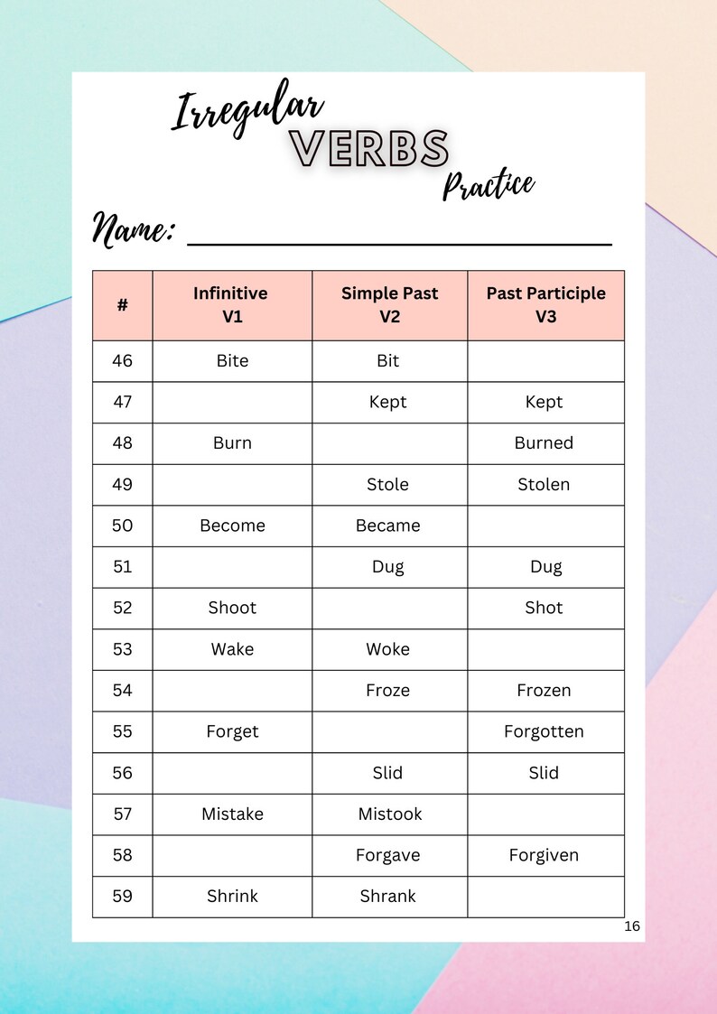 Irregular Verbs Worksheet Mastery List English Teacher Printable ...