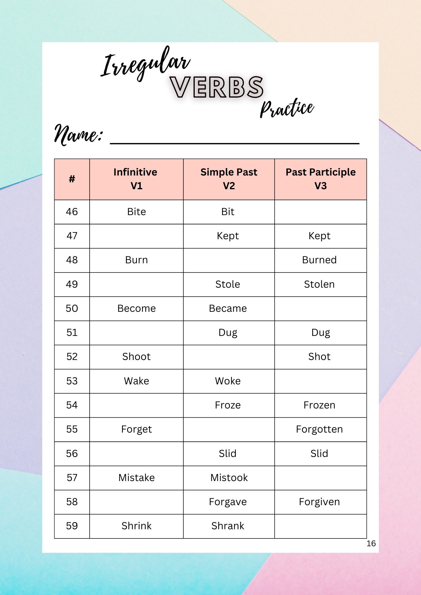 Irregular Verbs Worksheet Mastery List English Teacher Printable ...
