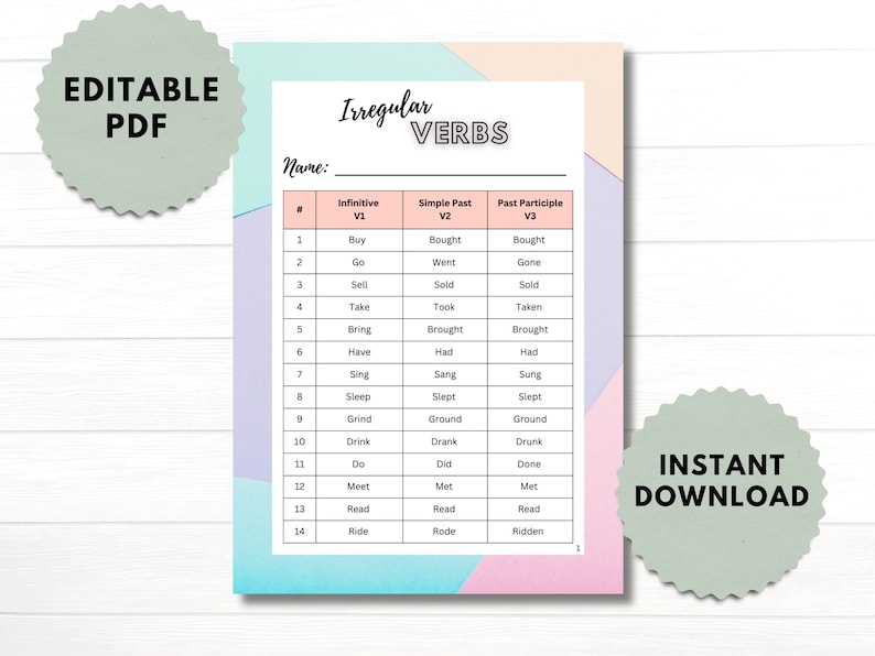 Irregular Verbs Worksheet Mastery List English Teacher Printable ...