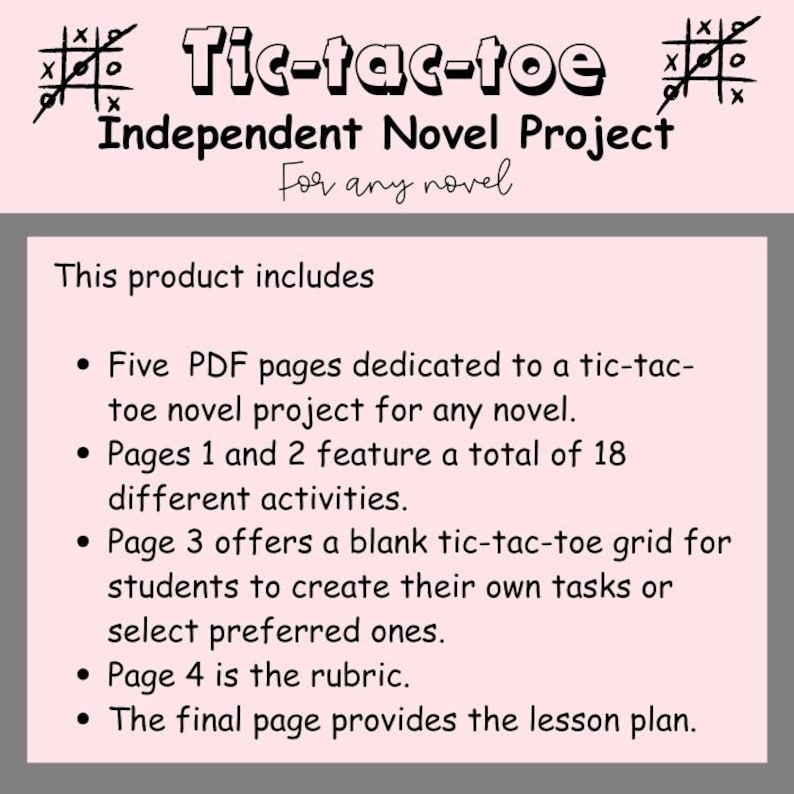 Novel Project for Any Book Study Independent Unit Project Tic-tac-toe ...