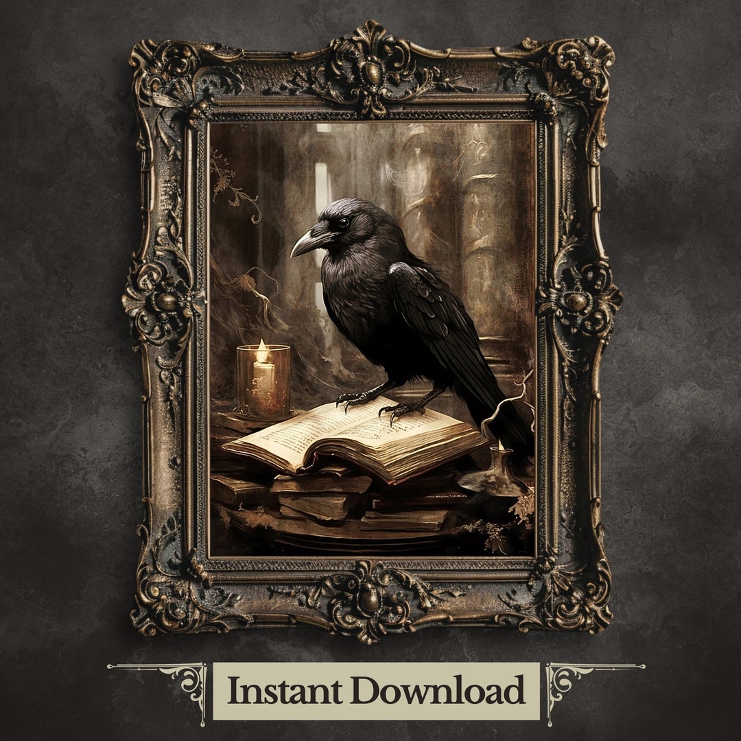 Black Raven in Library Printable Wall Art Dark Academia Gothic Artwork ...