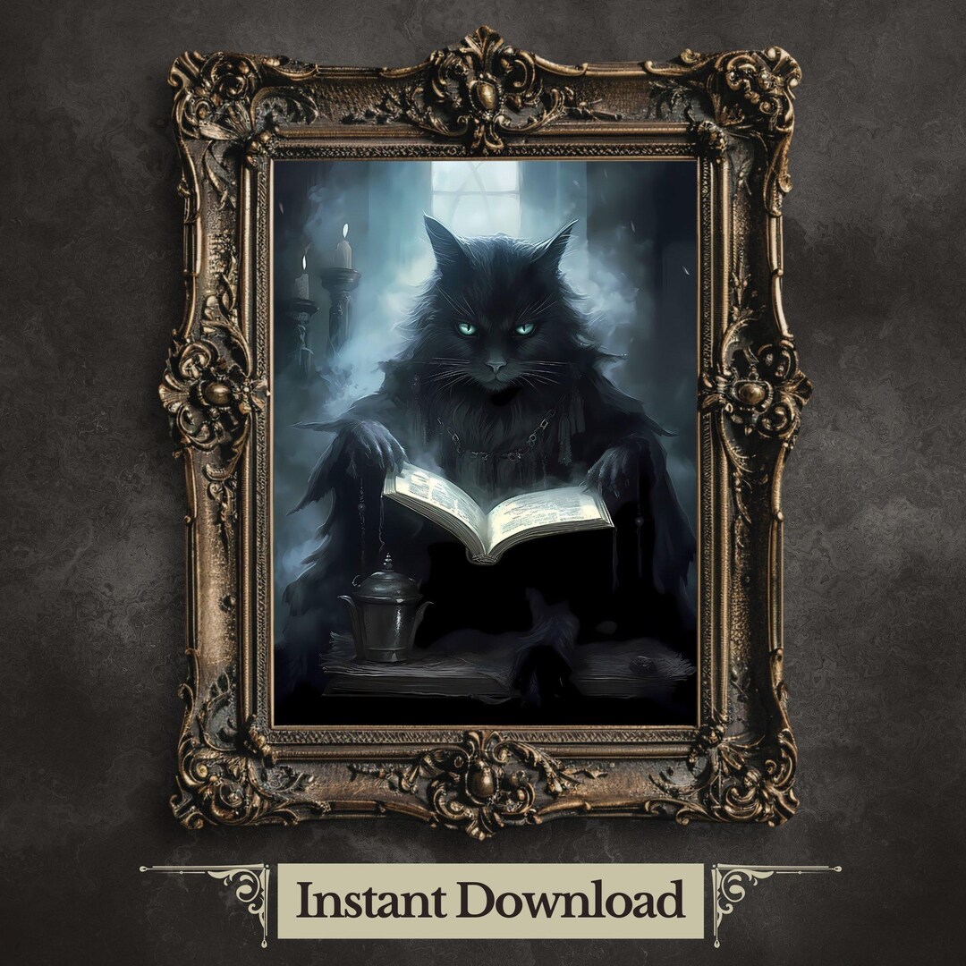 Dark Cat Wizard Printable Wall Art Fantasy Wall Decor Dark Cottagecore ...
