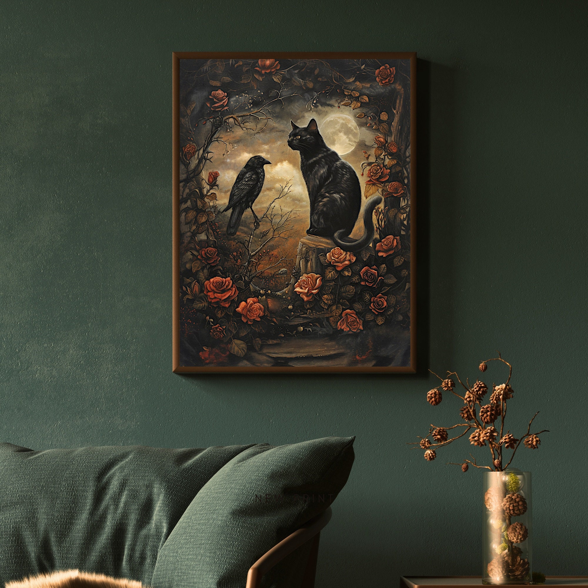 Black Cat and Raven Gothic Art Print: Rose Forest Full Moon (digital ...