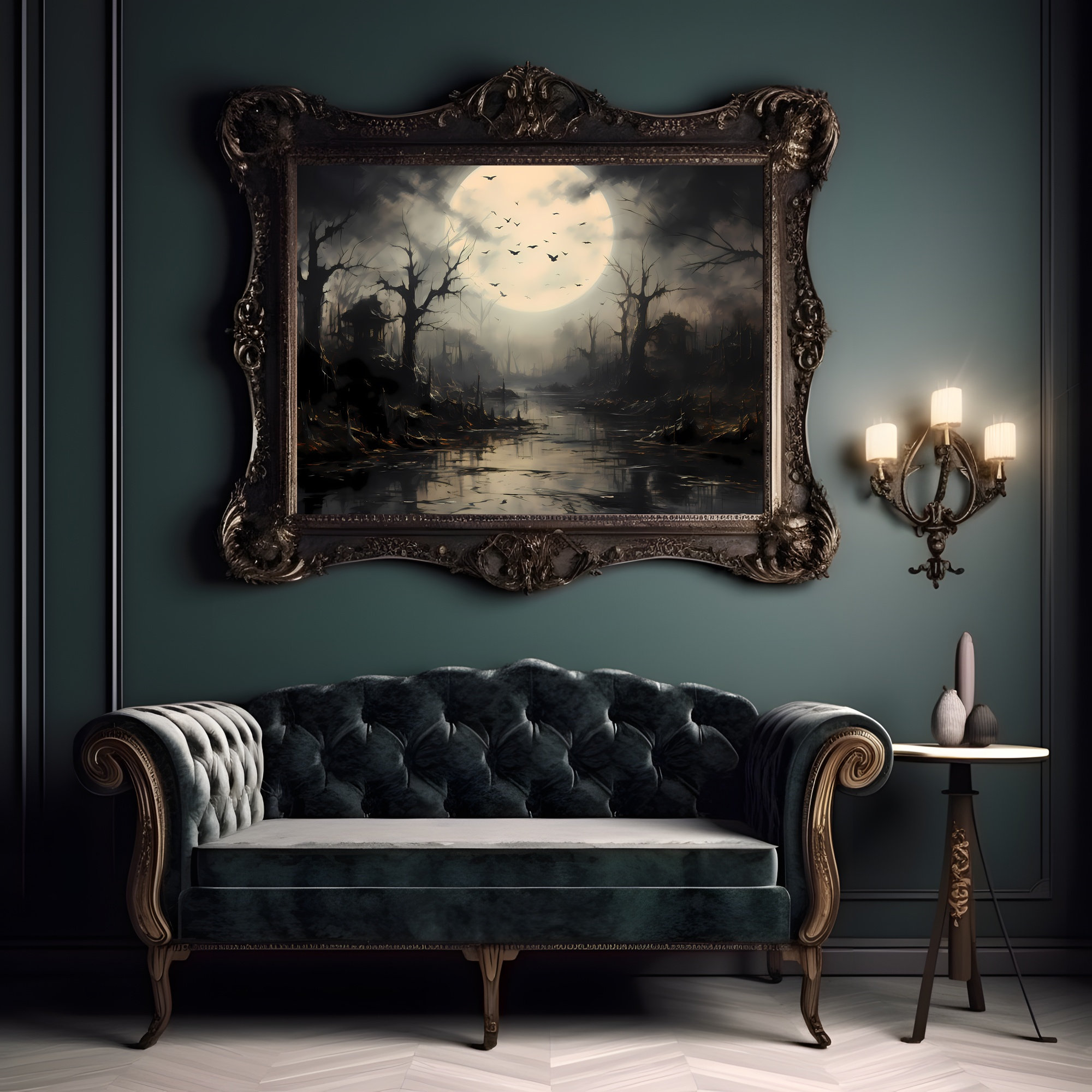 Spooky Swamp at Full Moon Wall Art Print Dark Cottagecore Halloween ...