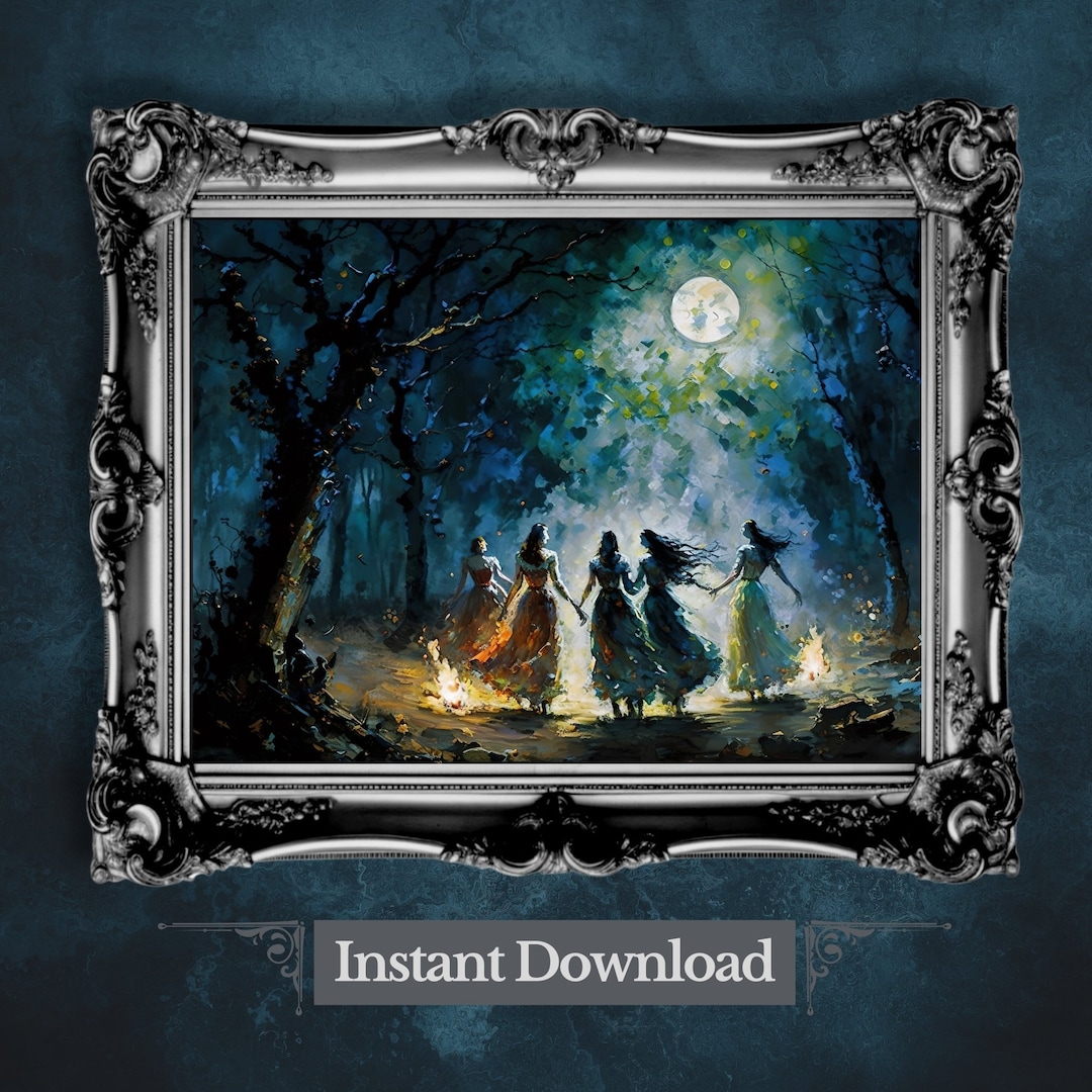 Witches Dance Art Print: Gothic Bonfire, Full Moon Night (digital ...