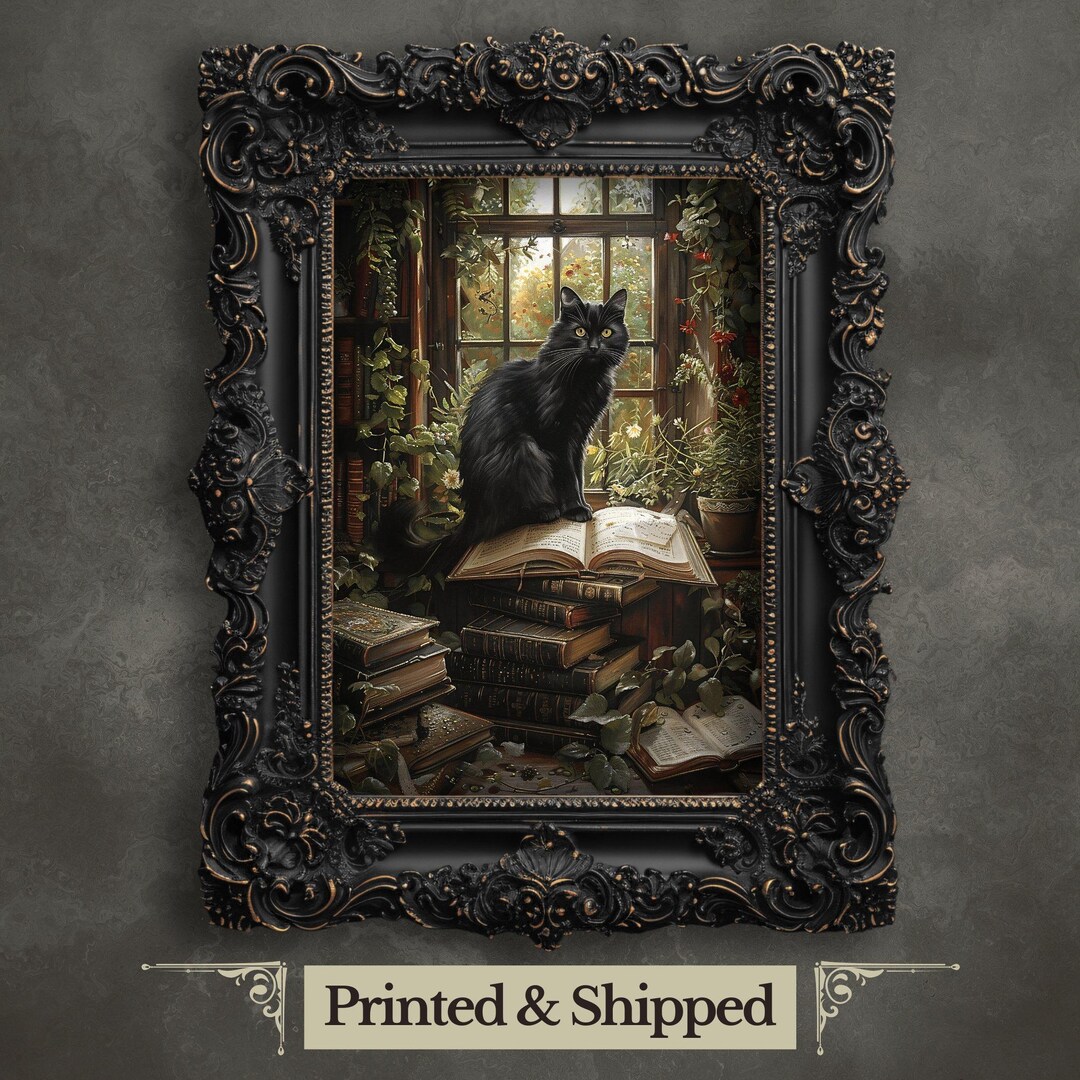 Black Cat in Library Wall Art Print Dark Cottagecore Library Whimsigoth ...
