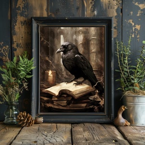 Raven in Library Wall Art Print Dark Academia Gothic Wall Art Moody ...