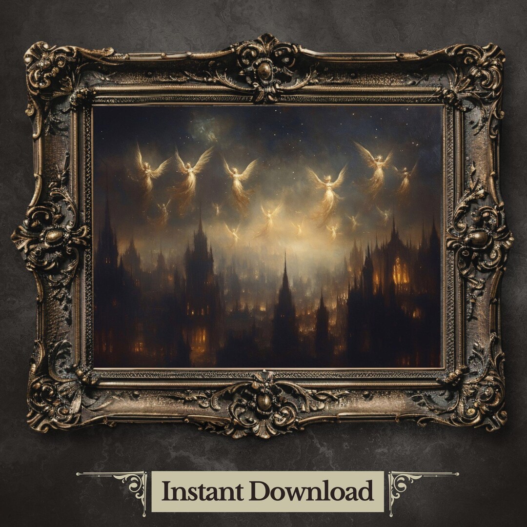 Angels Over the City Printable Wall Art Gothic Cityscape With Radiant ...