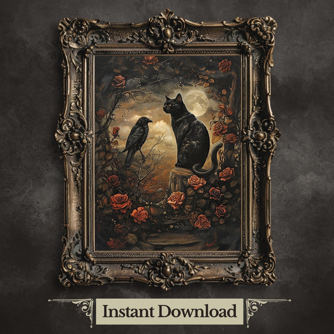 Black Cat and Raven Gothic Art Print: Rose Forest Full Moon (digital ...