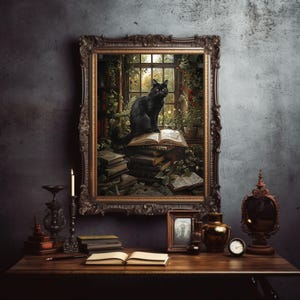 Black Cat in Library Wall Art Print Dark Cottagecore Library Whimsigoth ...