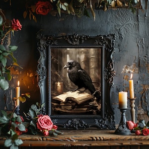Raven in Library Wall Art Print Dark Academia Gothic Wall Art Moody ...