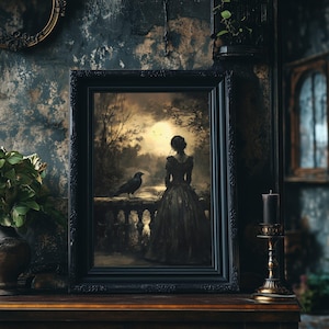 Gothic Woman & Raven Wall Art Print, Gothic Twilight Balcony Scene ...