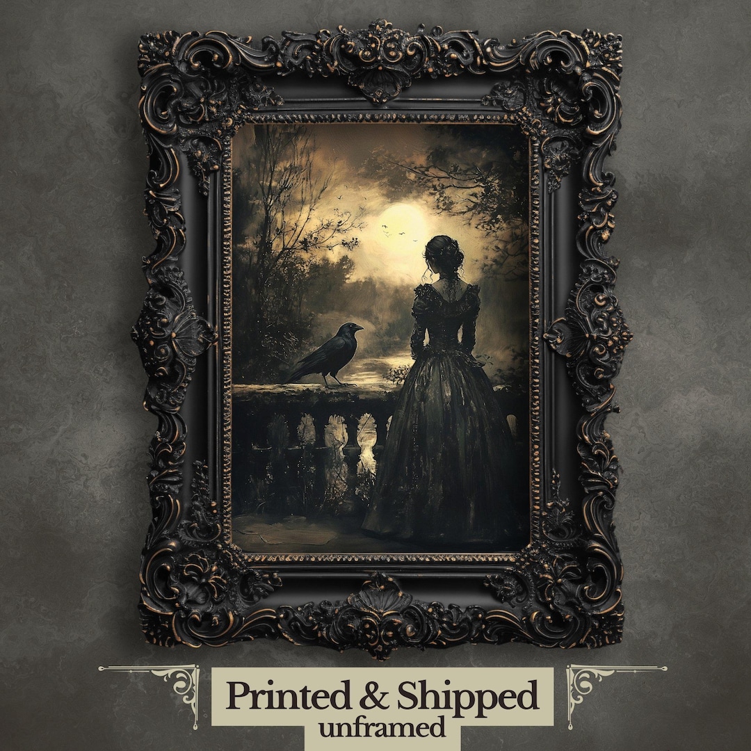 Gothic Woman & Raven Wall Art Print, Gothic Twilight Balcony Scene ...