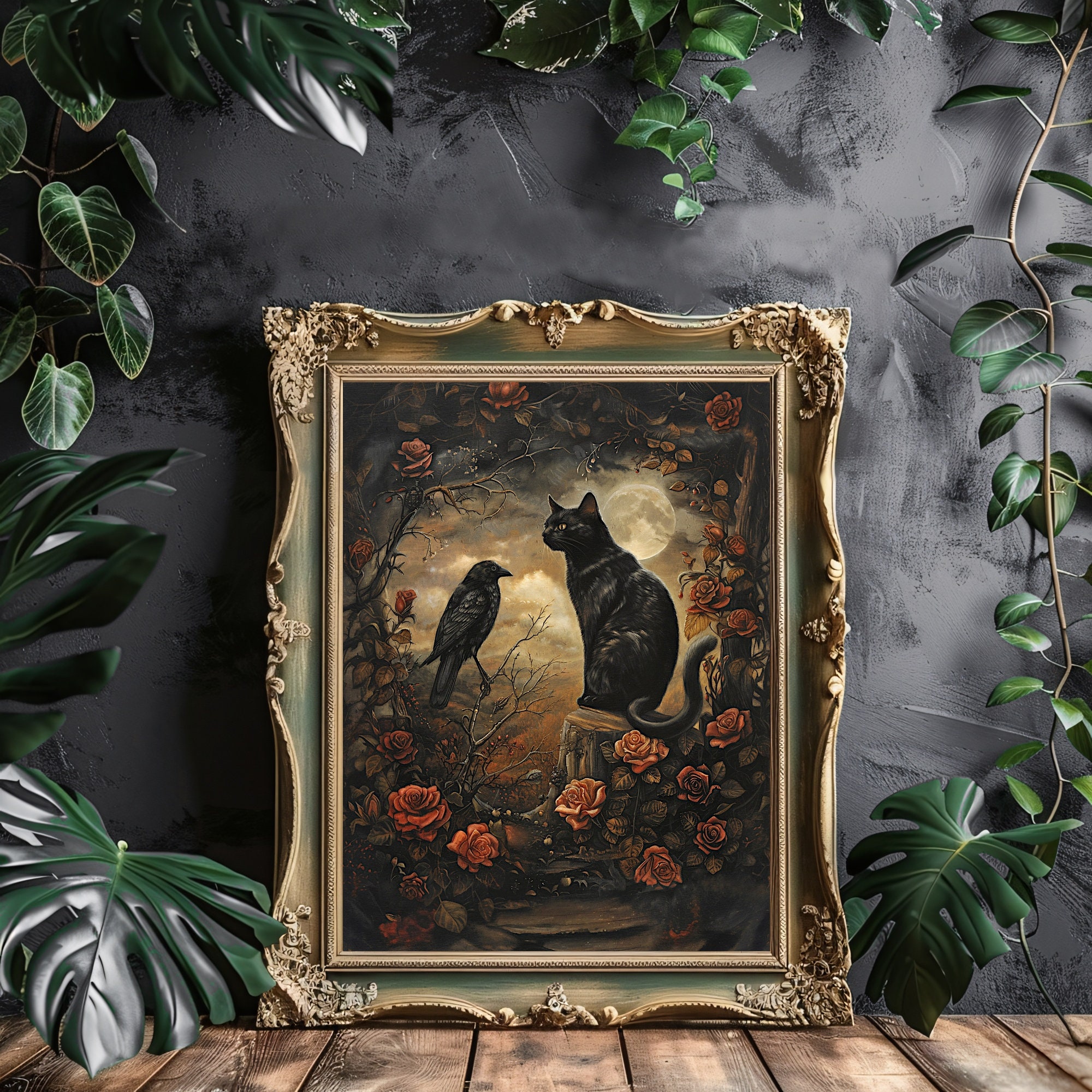 Black Cat and Raven Gothic Art Print: Rose Forest Full Moon (digital ...