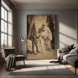 Vintage Yeti Art Print: Spooky Cryptid & Skier in Winter Forest - Etsy