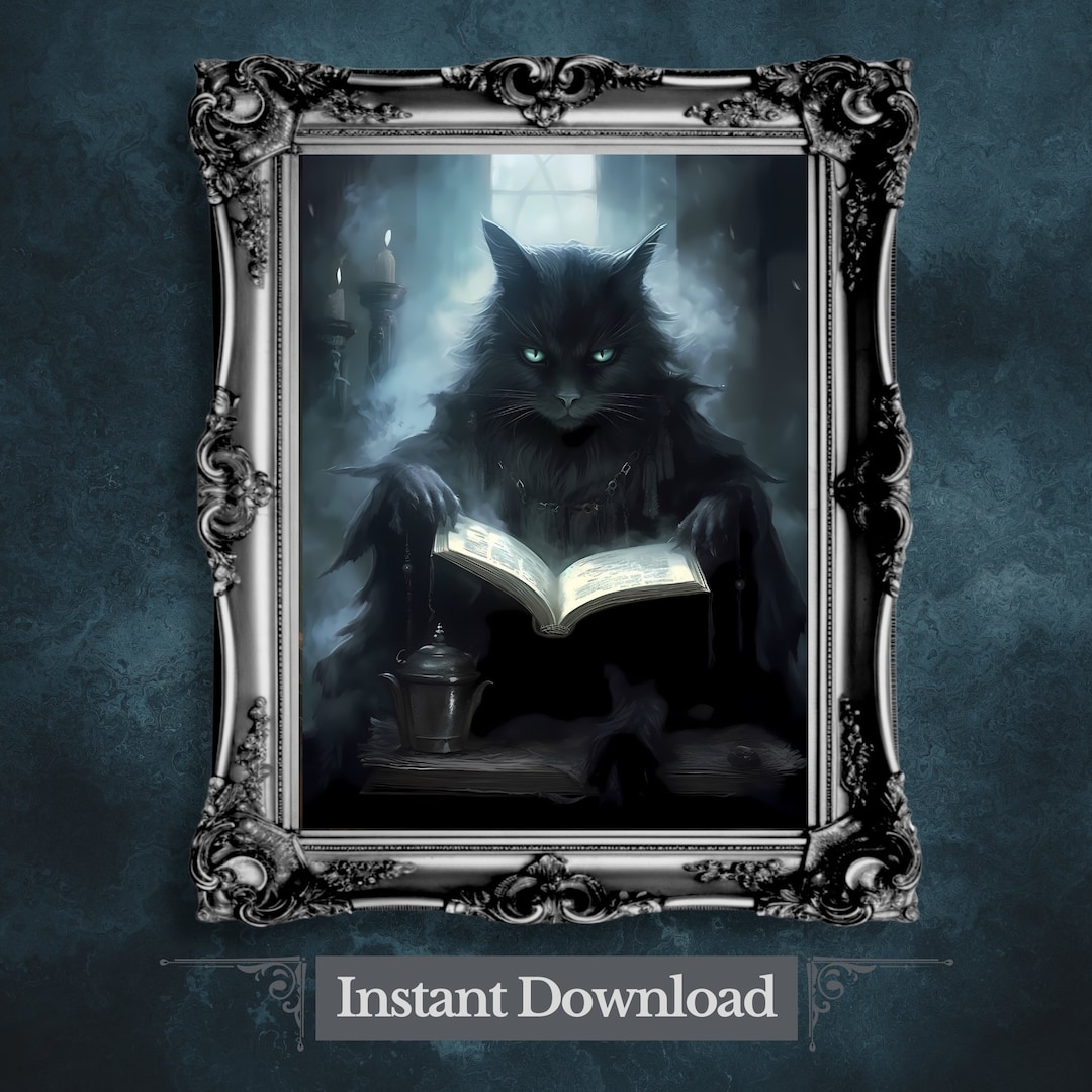 Dark Cat Wizard Printable Wall Art Fantasy Wall Decor Dark Cottagecore ...