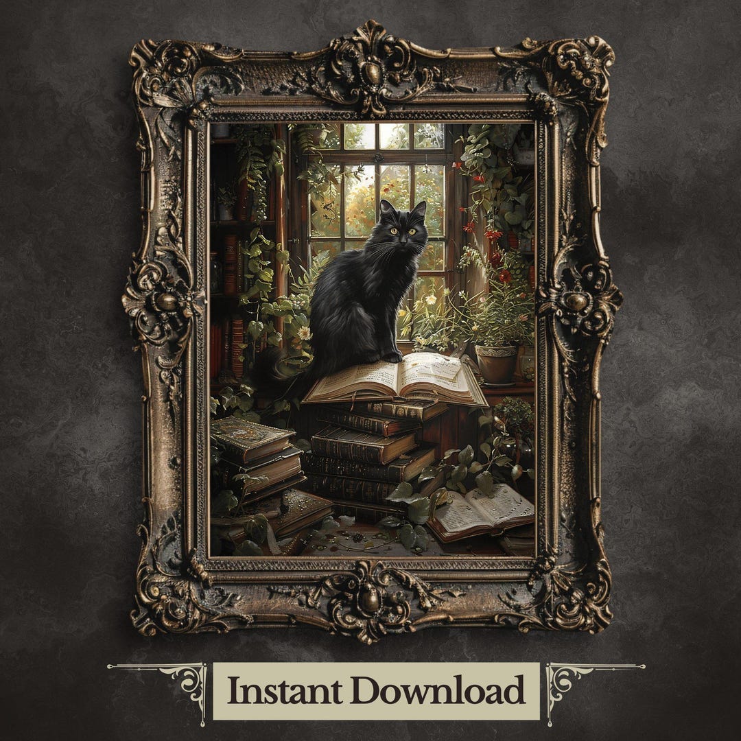 Black Cat in Library Printable Wall Art Nature Reclaim Cottagecore ...