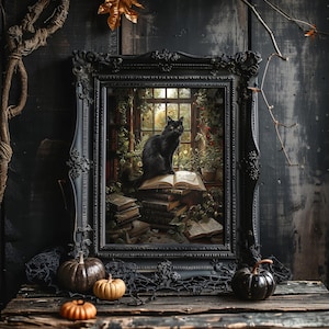 Black Cat in Library Wall Art Print Dark Cottagecore Library Whimsigoth ...