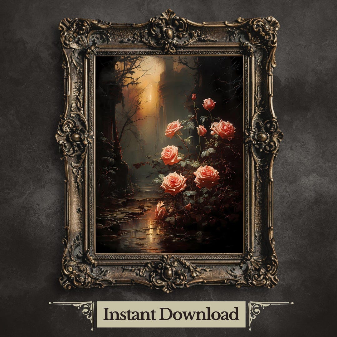 Rose Garden Printable Wall Art: Dark Cottagecore Vintage Painting ...