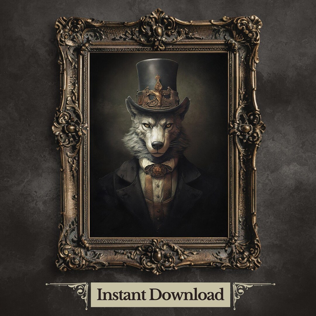 Victorian Wolf Gentleman Printable Wall Art Dark Cottagecore Vintage ...