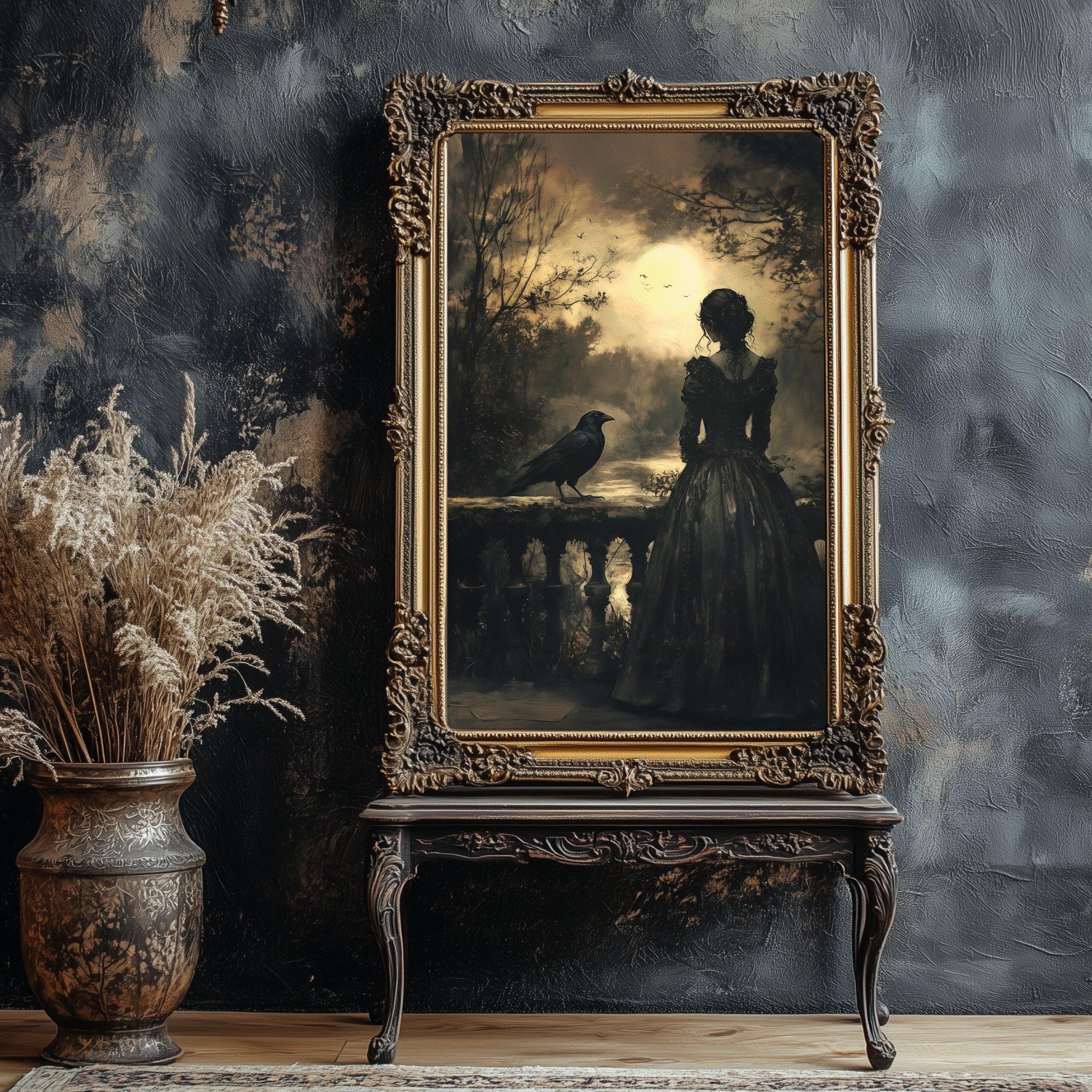Gothic Woman & Raven Wall Art Print, Gothic Twilight Balcony Scene ...