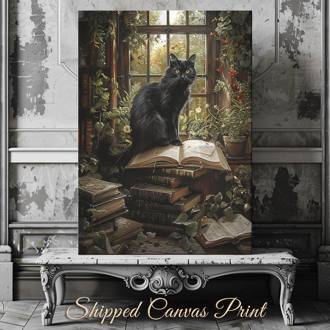 Black Cat in Library Canvas Print: Whimsigoth Cottagecore Decor - Etsy