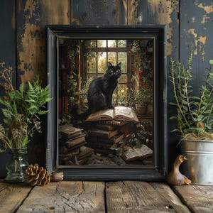 Black Cat in Library Printable Wall Art Nature Reclaim Cottagecore ...
