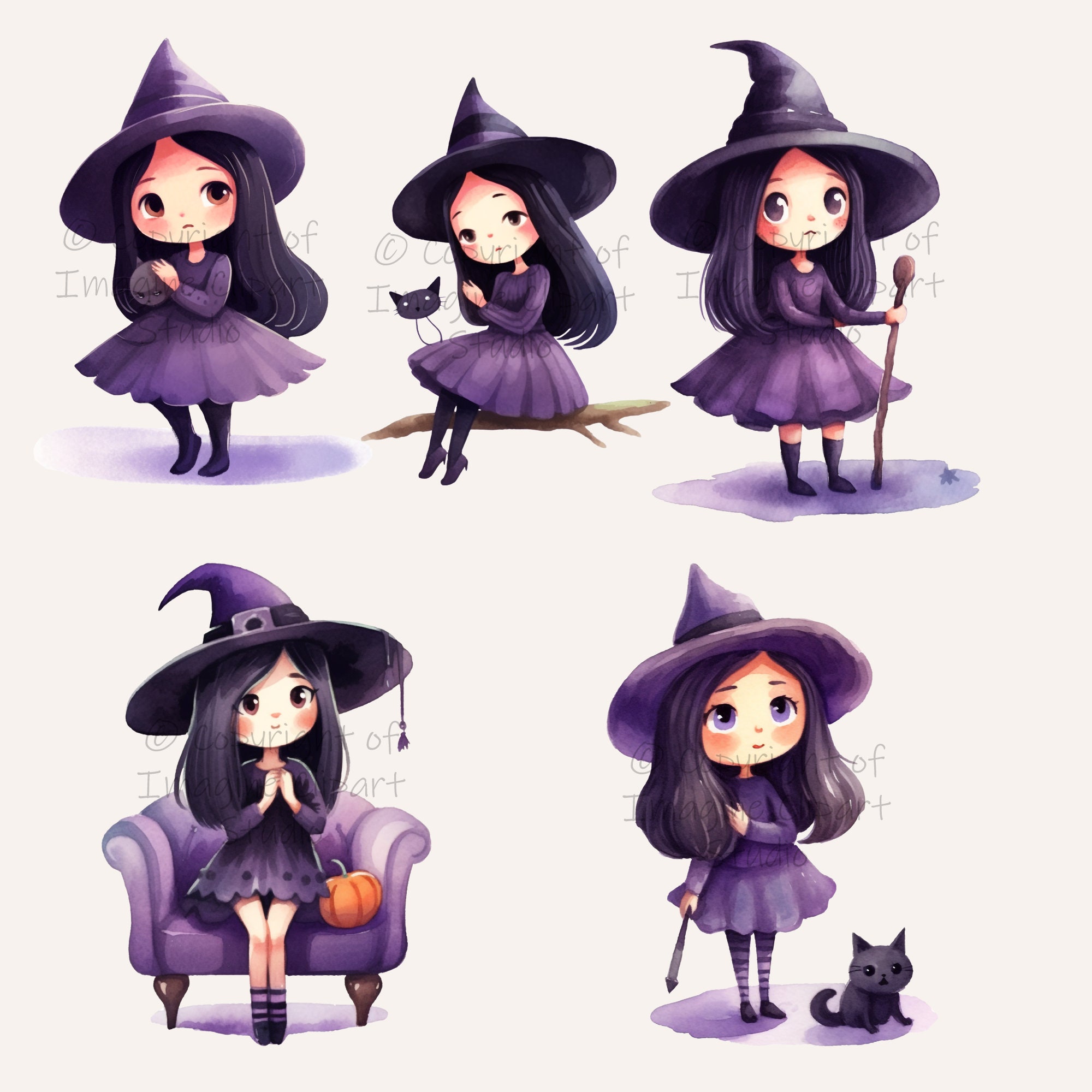 Little Witch Watercolor Clipart, Card Decor, Watercolor Wall Decor ...