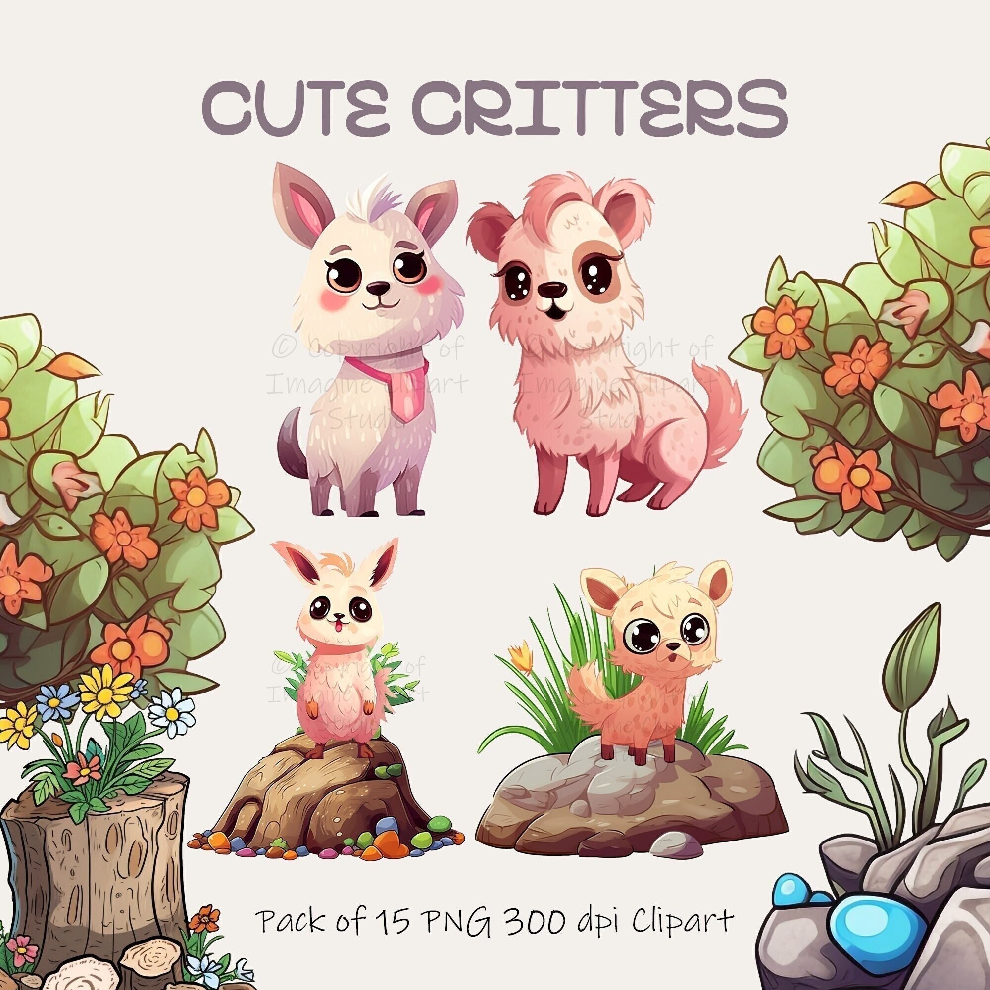 Cute Critters 2 Clipart With Props, Cartoon Creatures, Card Decor, Wall ...