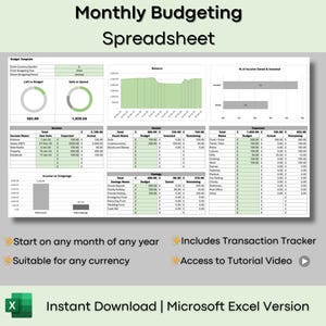 Monthly Budgeting Spreadsheet: Transaction Tracker, Excel Template ...