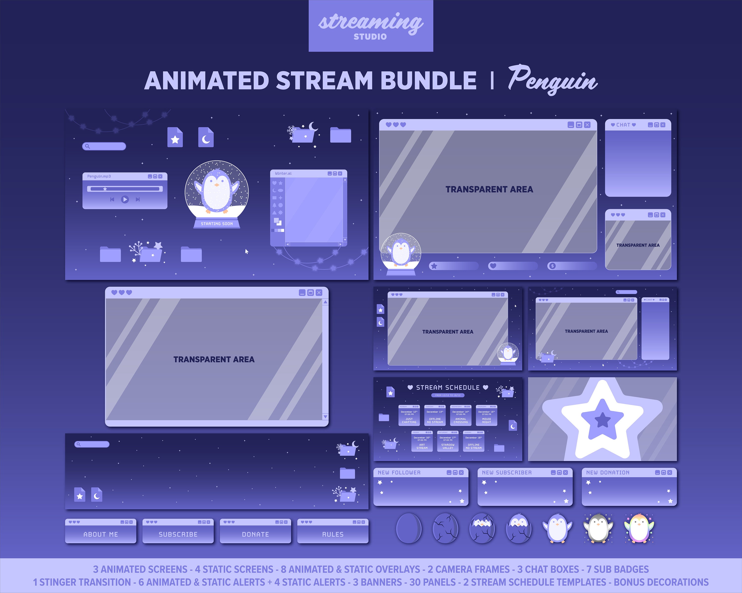 Penguin Animated Stream Overlay Bundle, Snow Globe Twitch Package, Blue ...