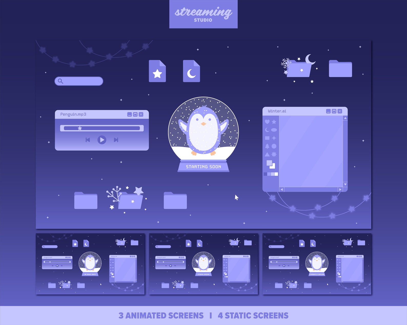 Penguin Animated Stream Overlay Bundle: Winter Twitch Package (digital ...