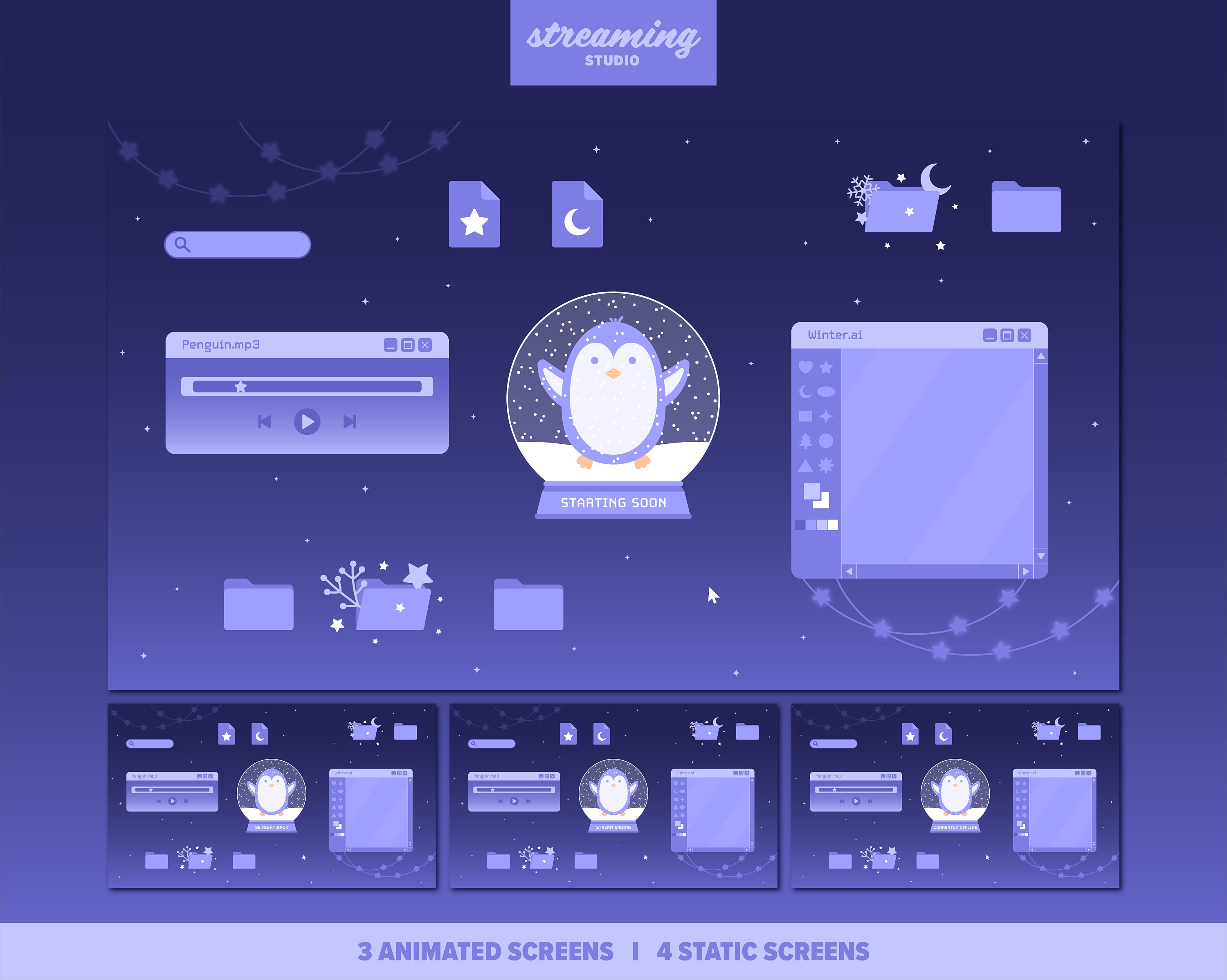 Penguin Animated Stream Overlay Bundle, Snow Globe Twitch Package, Blue ...
