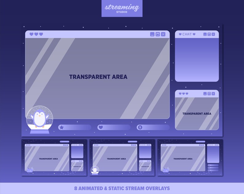 Penguin Animated Stream Overlay Bundle, Snow Globe Twitch Package, Blue ...