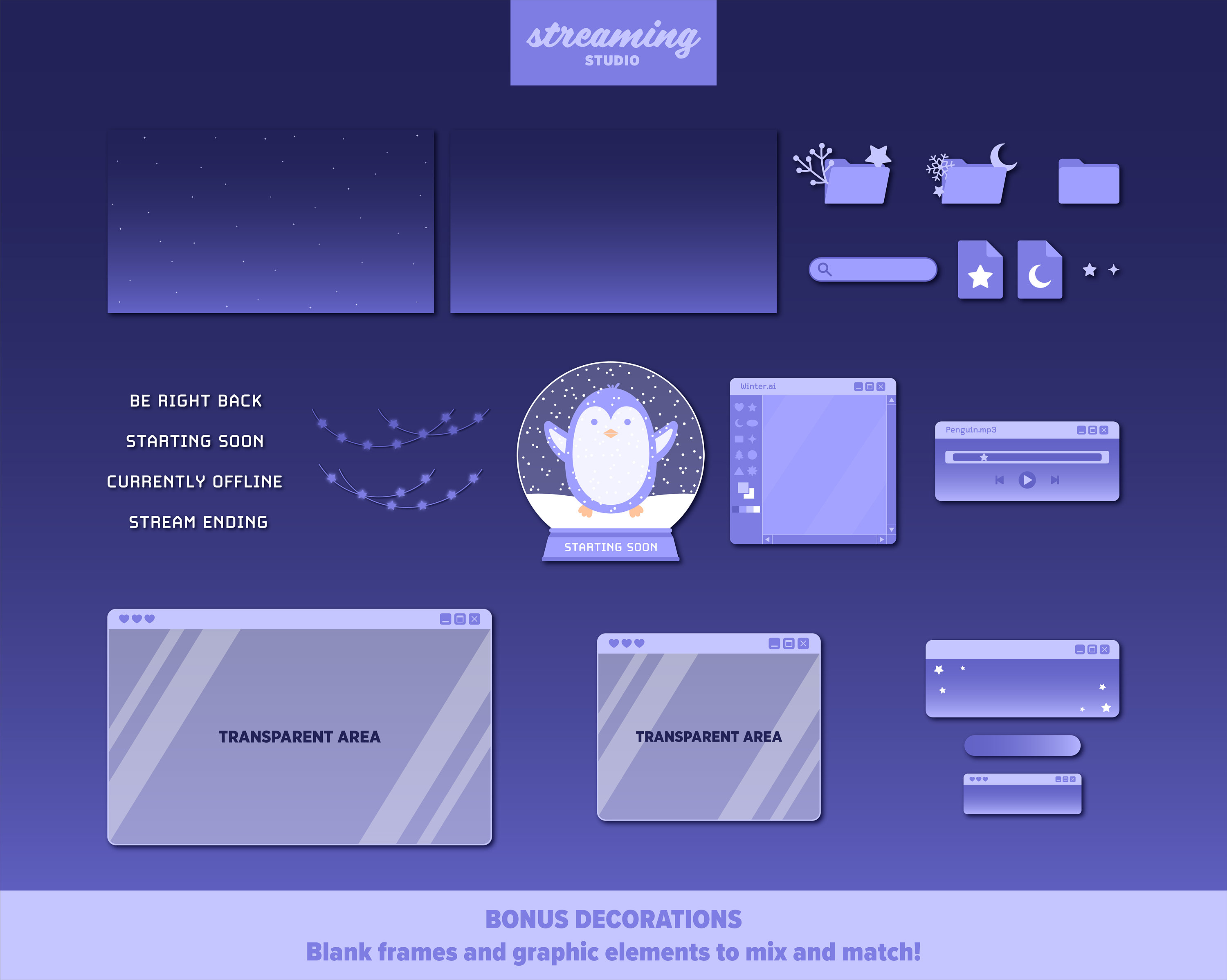 Penguin Animated Stream Overlay Bundle, Snow Globe Twitch Package, Blue ...