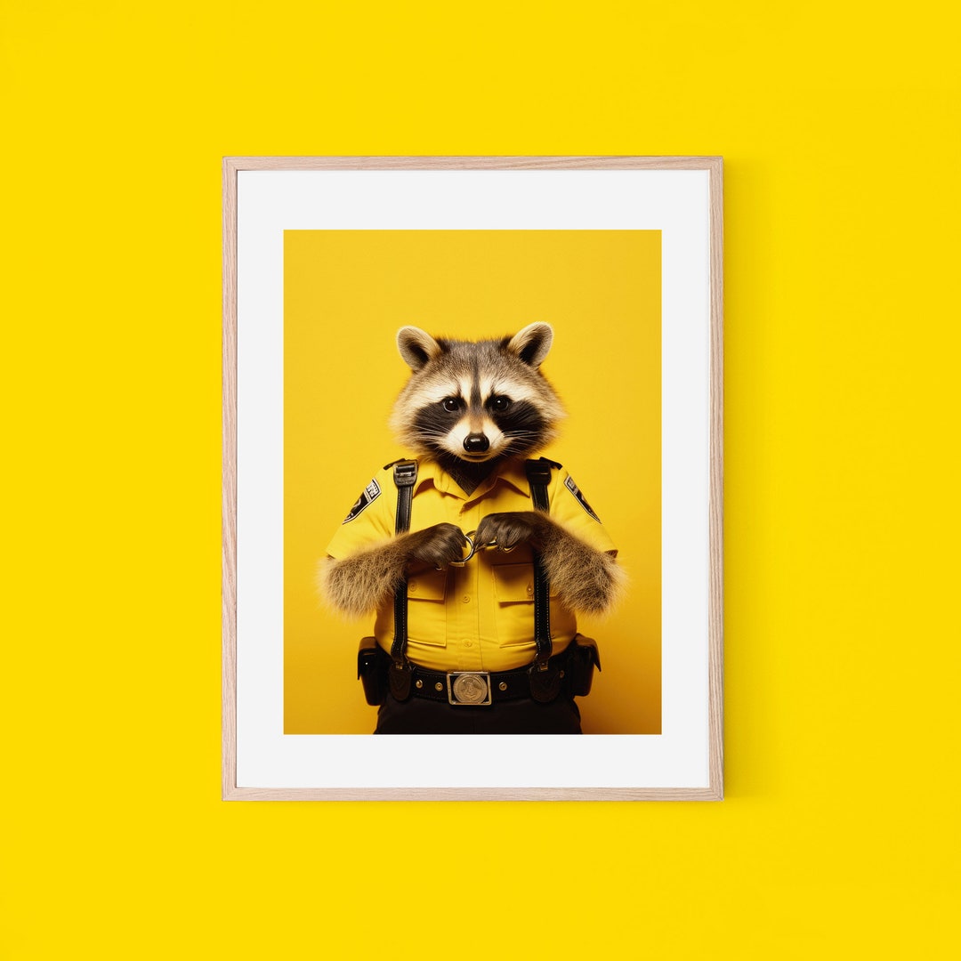 Funny Raccoon Police Officer Yellow Art Print Kids Room Decor Animal ...