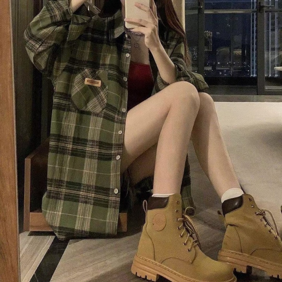 Fall Flannel Shirt, Green Plaid Shirts, Plaid Shirt Women's Mid Length ...