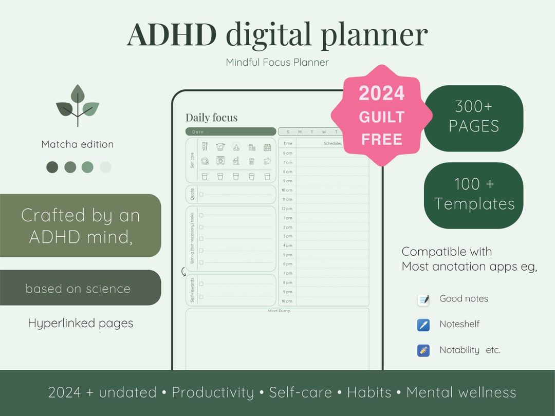 ADHD Digital Planner 2024, Matcha Edition, Designed for Neurodivergent ...